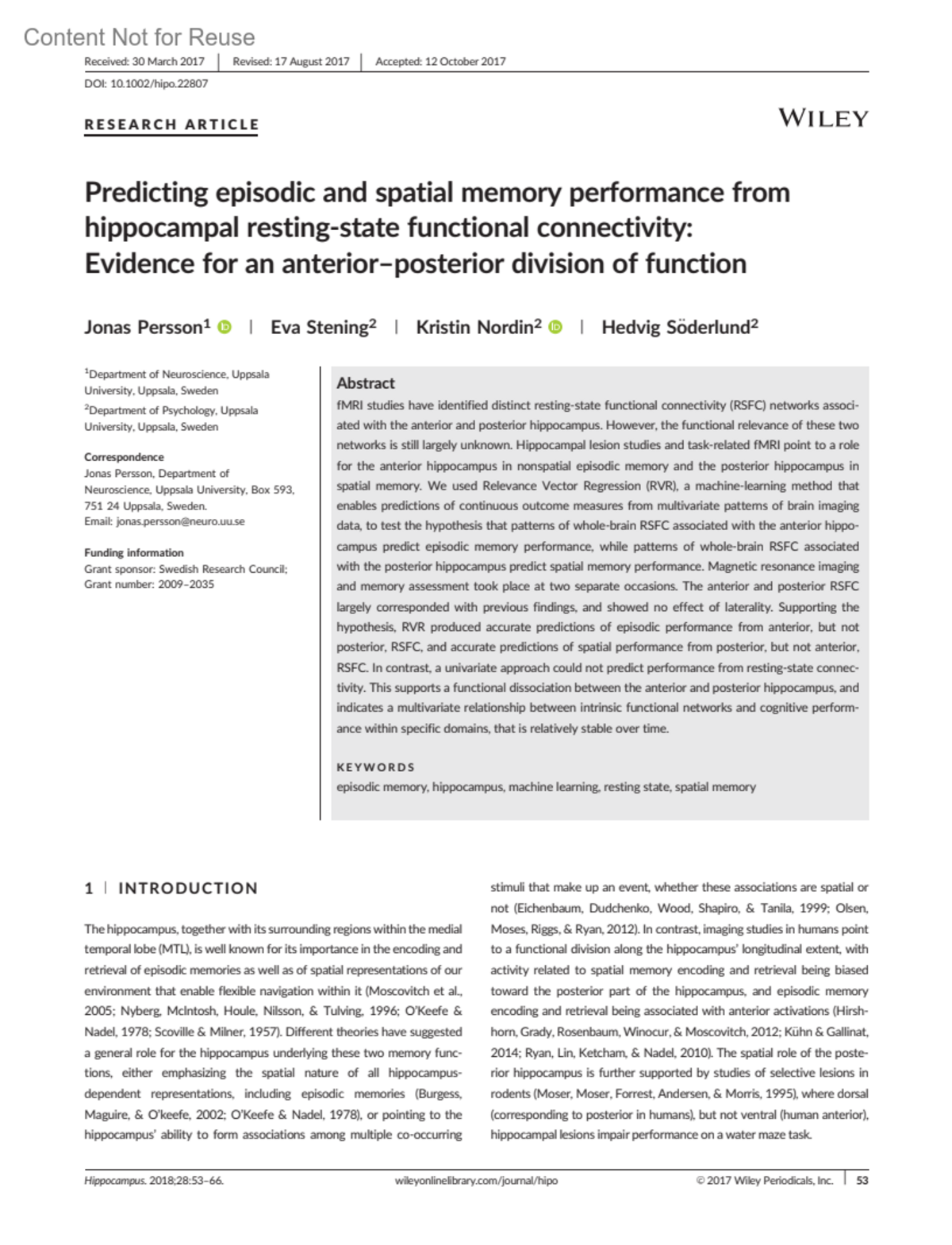 Predicting episodic and spatial memory... : Hippocampus